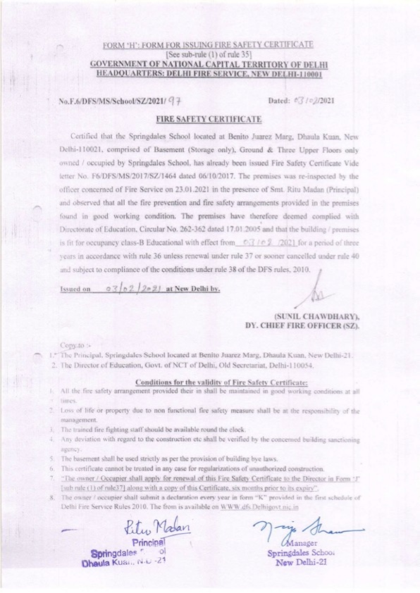 A-6 FIRE SAFETY CERTIFICATE – Springdales School Dhaula Kuan