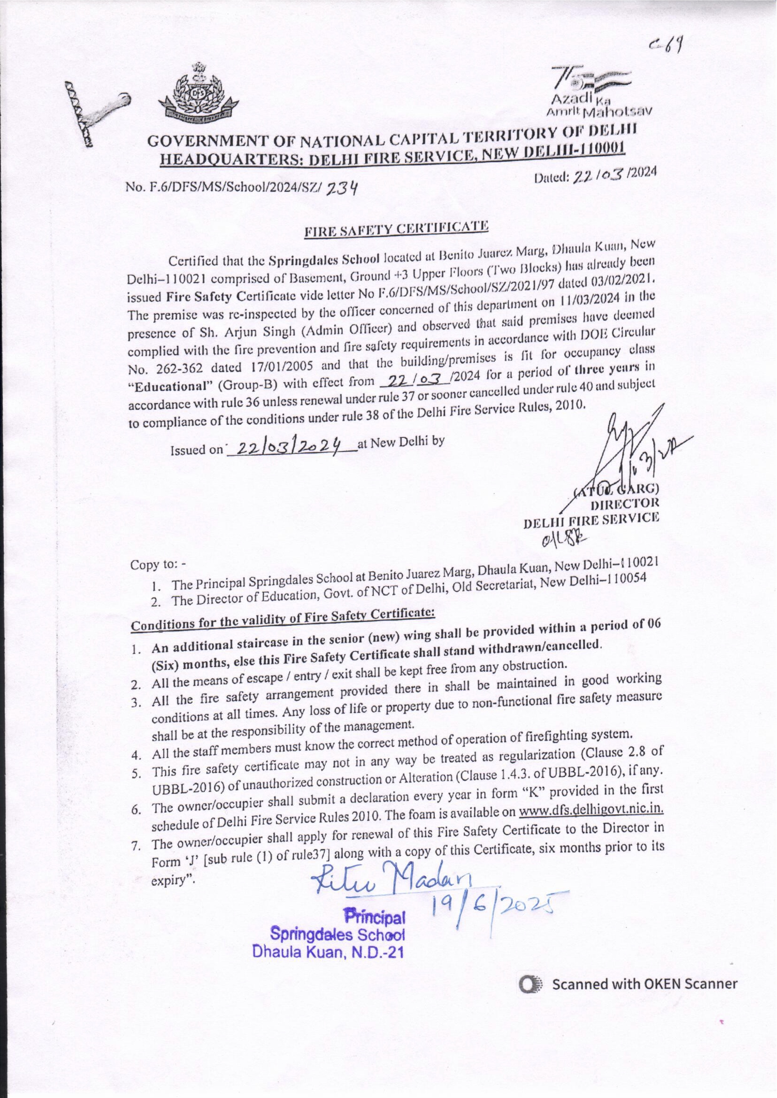 A-6 FIRE SAFETY CERTIFICATE – Springdales School Dhaula Kuan